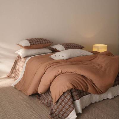 法式中古风格子丨床盖三件套纯棉全棉绗缝夹棉床单四季通用可水洗