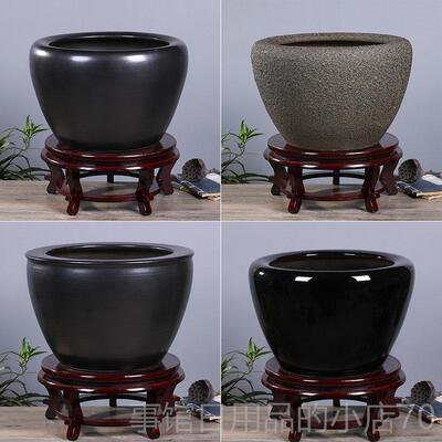 高档景釉德镇陶瓷鱼水缸养鱼盆大号黑色睡莲荷花缸复客古厅茶室内