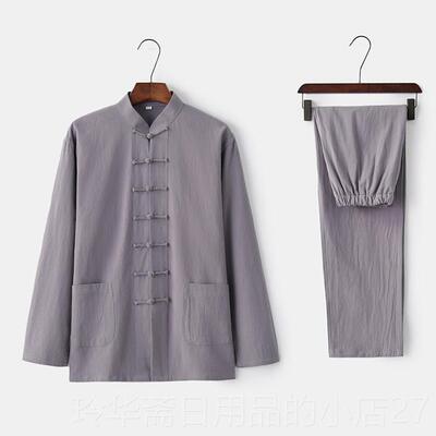 高档中风唐士装男长袖上衣国中国青风春秋休闲装年棉麻中老年门外