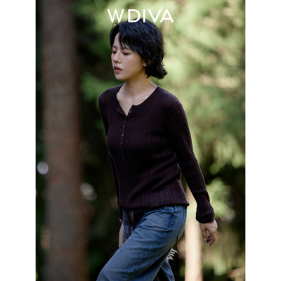W.Diva【暮霭】天丝羊绒修身藏肉半开襟亨利领针织衫53Z292550