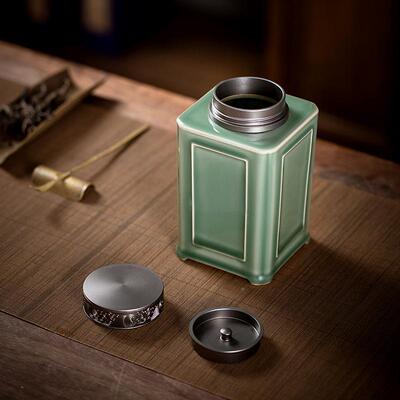 越窑青瓷封开窗茶叶罐陶瓷茶仓用普洱茶叶CYG-0334家防潮存储罐中
