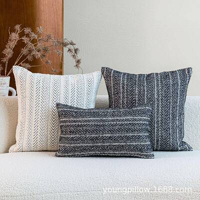 现简约黑色几何沙羊毛混纺抱代枕发长方腰枕酒店样板间89121民形