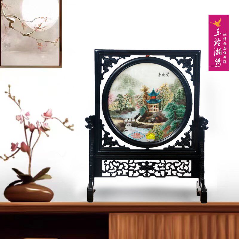 玉玲湘绣双面绣摆件湖湘景点湖湘特色成品纯手工创意湘绣摆台