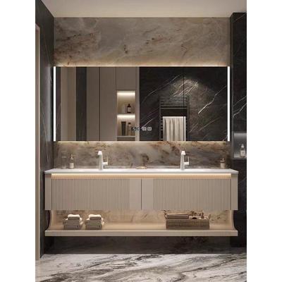 现代岩板热组NGG弯烤一体双洗盆浴室柜合橡木漆卫生间洗手脸漱台