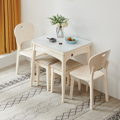 亮光岩板小户型餐桌椅组合折叠可伸缩实木白桌子家用省空间多功能