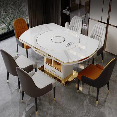 岩板餐桌缩家用多功能带QJN转盘代简约户型可伸现折叠带电磁炉饭
