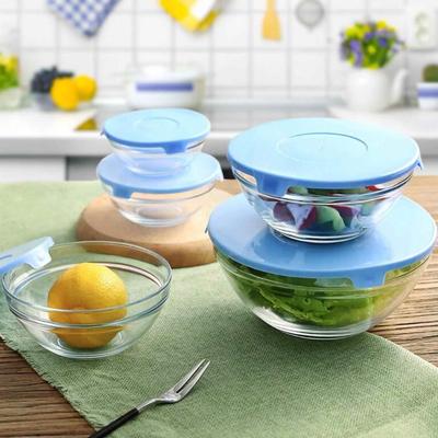 玻璃烹调碗五件套装耐热玻璃保鲜碗带盖饭盒沙拉碗微波圆形玻璃碗