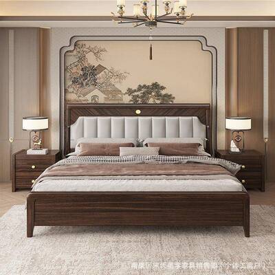 新中式乌金木代实木床家主卧现简BRX约双隼人床1.8米燕尾储用物婚