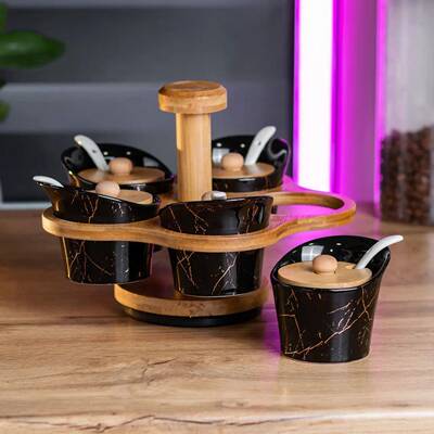 欧式陶瓷调味罐套JA7142装带竹家收纳味精盐佐料调料罐陶瓷罐五盘