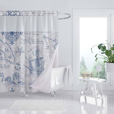 24浴帘口双层印花浴帘干湿分离开大扣隔断l涤帘防KKZ水防霉年浴室