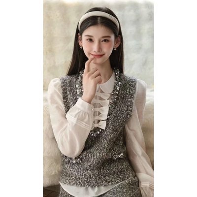 长袖衬衫U领亮片针织马甲半身裙