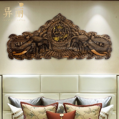 异丽泰国手工柚木雕花板大象木雕双象雕花壁挂门楣挂件浮雕装饰画