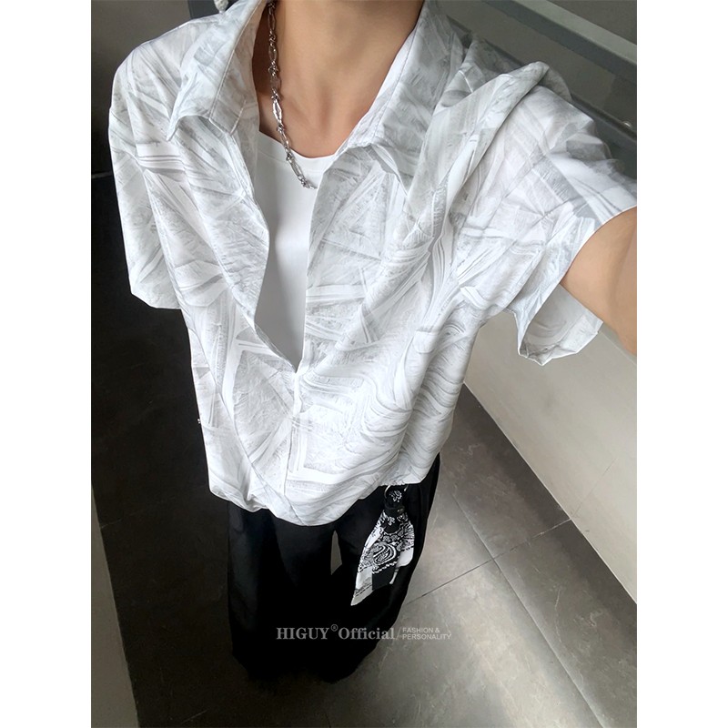 夏季美式漫感慵懒风假两件短袖衬衫男宽松韩版翻领潮流休闲上衣