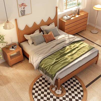 .古全实木床简约1.式5米日单人床樱桃木色主卧18米法TTH复式双人