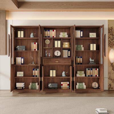 中古风实书柜黑胡桃木靠墙一体组合橱客厅木展柜OMT书房书玻璃示