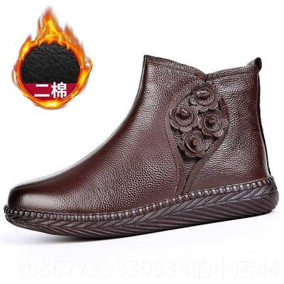 高档秋冬季加绒妈妈鞋真皮保底短靴暖软平防滑舒厚适中老年女鞋加