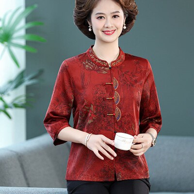 妈妈夏季时尚唐装真丝短袖中老年人女装香云纱半袖薄中袖宽松开衫