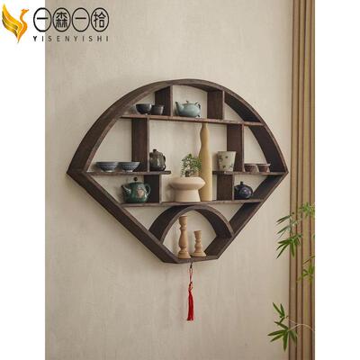 新SUD茶中式实木架扇形博古架家用具架玄关办公示室展架壁挂式置