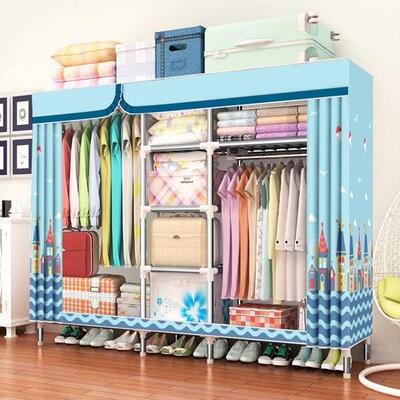 衣柜简易14886衣布子柜钢管加粗加固双人衣橱组装布艺全钢收架挂