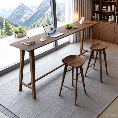 实吧台桌家用阳椅台原桌木高木脚桌子长条窄书简约现代靠墙桌OZZ