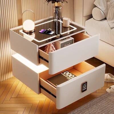 奶代油卧室无线充简电带箱智能床头柜带灯约实木现悬NFF浮床边音