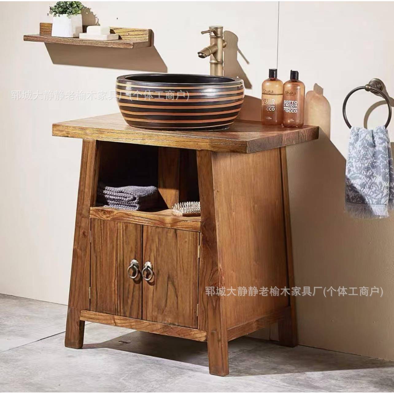 漱仿手古老榆木28180浴室家用洗台卫生间洗台柜原木边柜带储物收