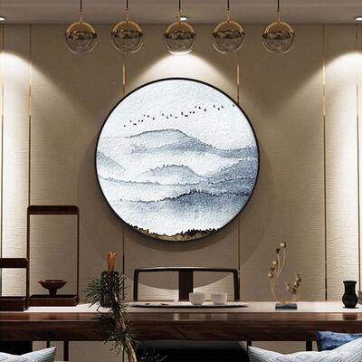 新中厅式风客圆形装饰格画荷花国间风玄关挂QZ202011画书房茶室样