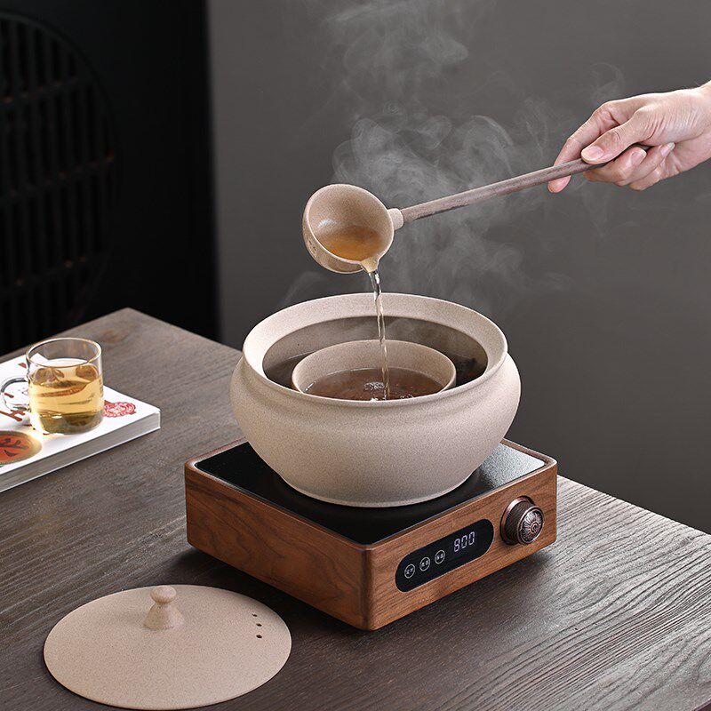 分茶勺防烫分茶器麦饭石陶瓷黑檀木柄勺子茶匙功夫茶具长柄竹舀水
