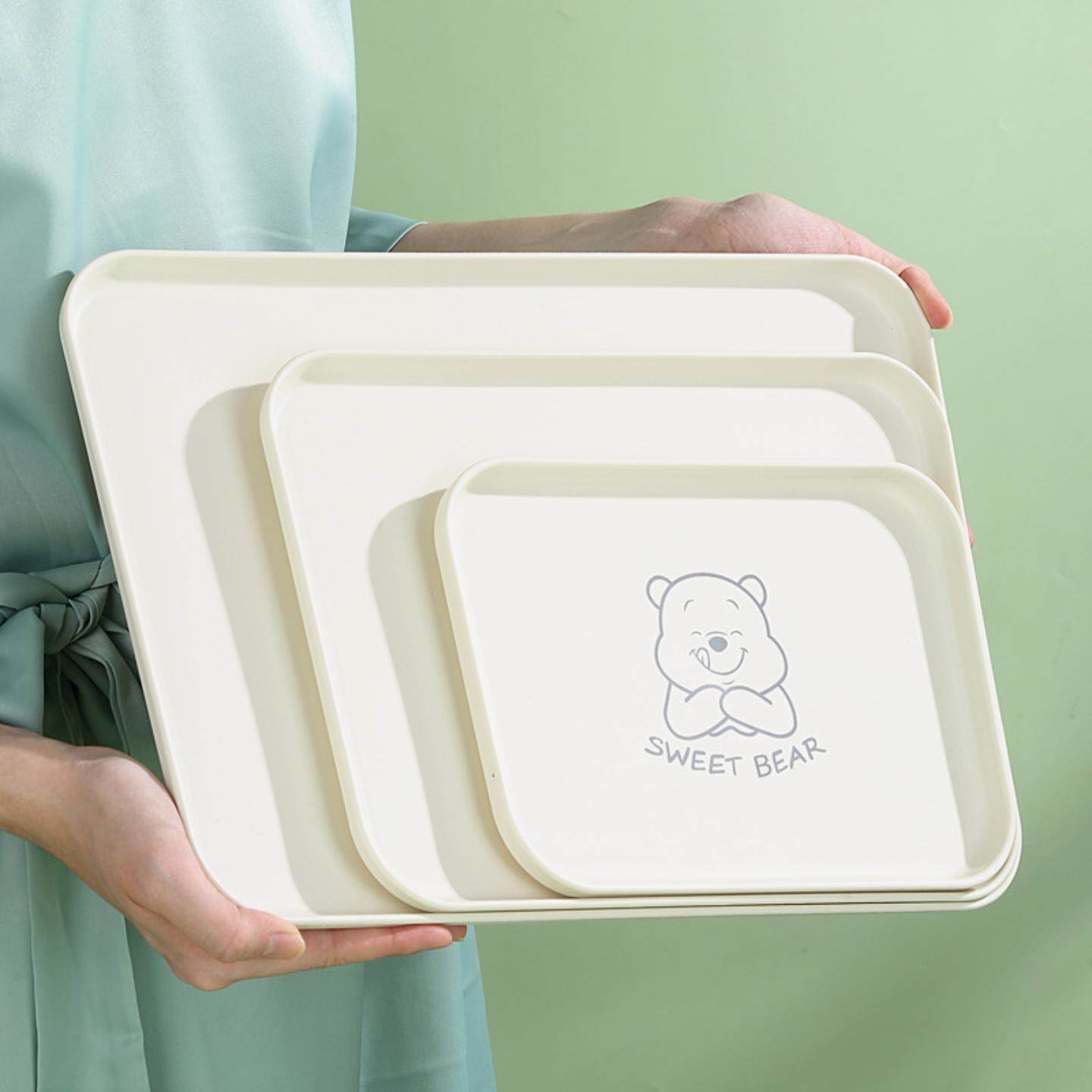 长方形贪吃熊托盘塑料奶油盘子家用客厅水果咖啡餐饮餐用托盘