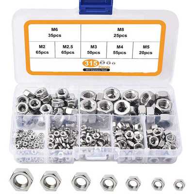 315PCS/250PCS 304不锈钢六角螺母盒装螺丝帽DIN934六角螺母