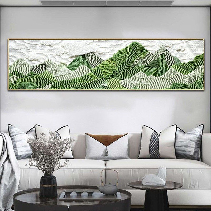 现代山水客厅装饰画油画肌理感抽象横幅酒店卧室床头挂画青山绿水