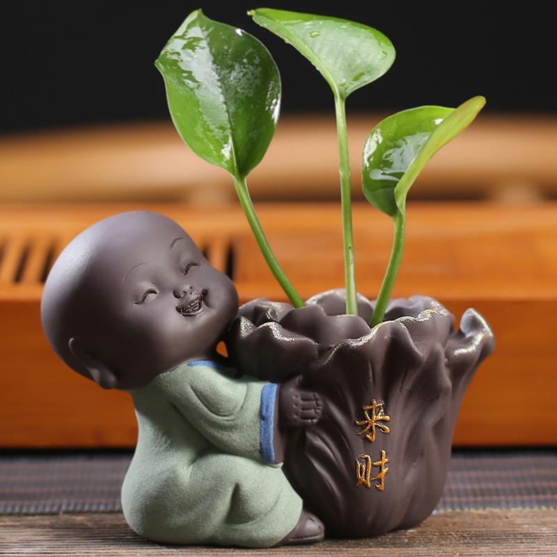 可爱小和尚花器茶宠摆件精品可养紫砂茶台茶具配件小水培花瓶锦鲤
