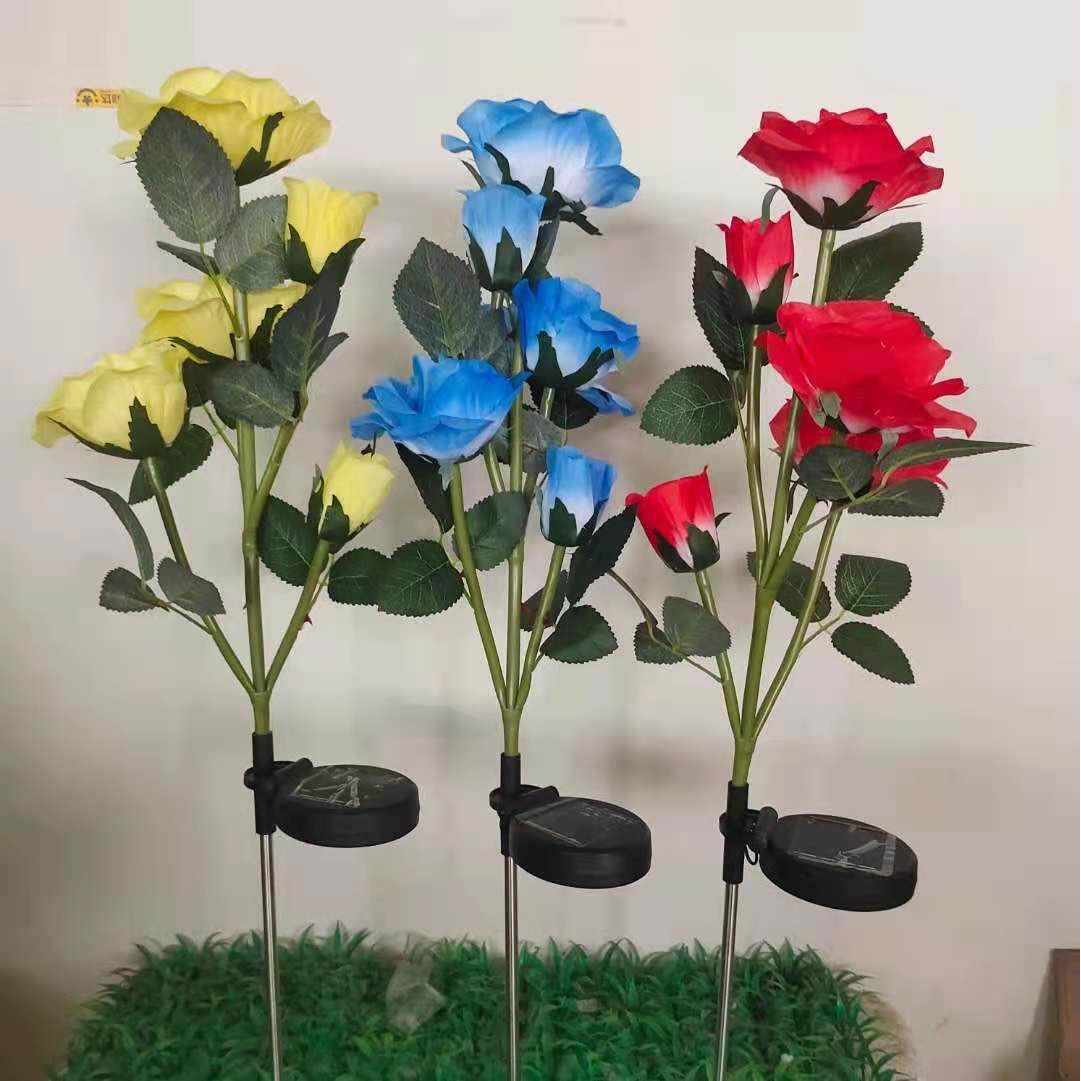 led太阳能5头玫瑰花灯 户外防水庭院花园装饰灯 仿真玫瑰地插灯