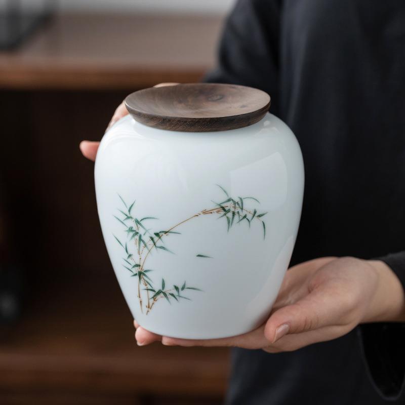 新中式茶叶罐陶瓷大号家用木罐盖密封罐子防潮茶仓储物茶叶包装罐