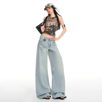 JWUW浅蓝水洗猫须棉质复古风直筒裤园丁高腰阔腿牛仔长裤女