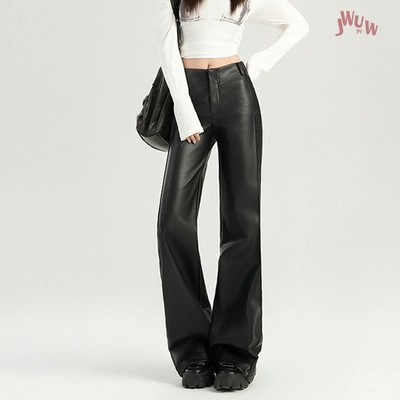 JWUW秋冬季新款美式街头PU修身显瘦休闲微喇皮裤女直筒拖地长裤
