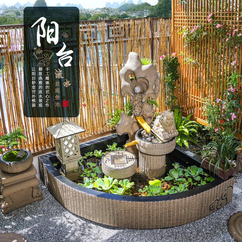 中式庭院水池景观装饰阳台鱼池水景造景假山喷泉花园盆景流水摆件