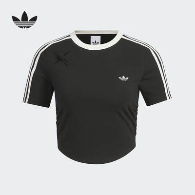 adidas阿迪达斯秋季新款三叶草女新中式露脐抽褶运动短袖 KC5851