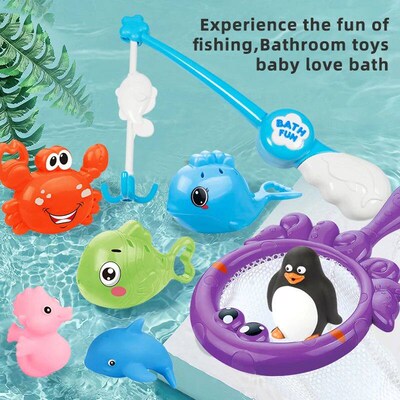 Bath Toys Fishing Games with Fish Net Squirt Fishes Crab Poo