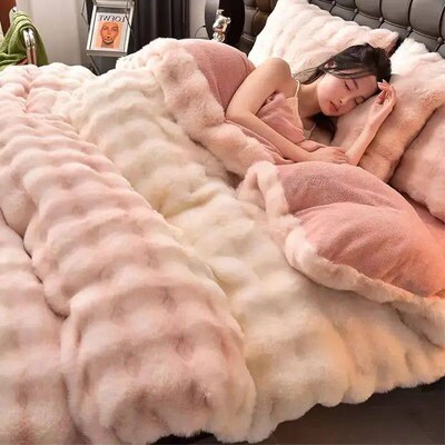 Colorful Rabbit Plush Bed Set with Four Pieces Winter Thick