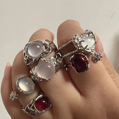 Vintage Silver Color Red Oval Ring For Women rendy Elegant I