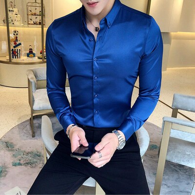 Neckline Embroidery Mens Shirts Long Sleeve Casual Slim Fit