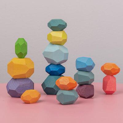 Childrens Wooden Colored Stone Jenga Building Block Toy跨境