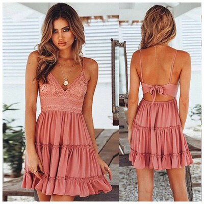 Female New Summer Fahionable Solid Color Dre  Lace Strap Ele