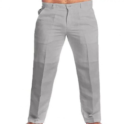 2023 Mens Stand Pocket Casual Linen Pants Solid White Gray