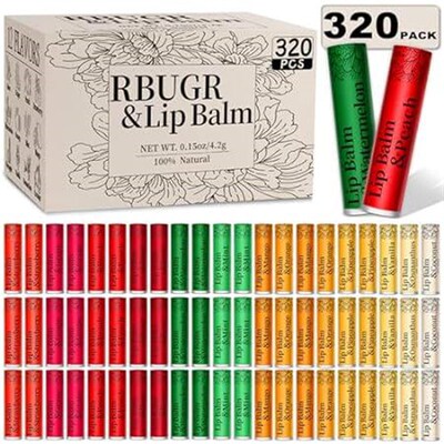 RBUGR 320 Pcs Lip Balm Bulk, 12 Flavored Pack of Lip Balm