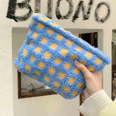 Women Plush Color Clashing Cosmetic Bag Travel Organizer Bag