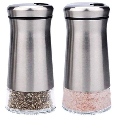 Stainless Steel Salt and Pepper Shakers Set with GlasYs Base