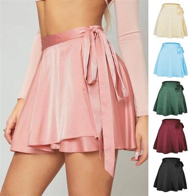 Women Skirts Satin Wrap Skirt Bandage Tie Waist Asymmetry