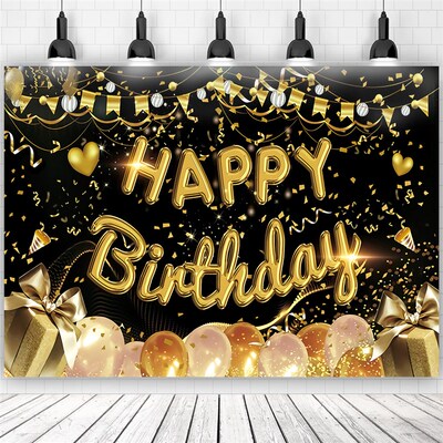 Happy Birthday Backdrop Banner Large Black Gold Balloon Star